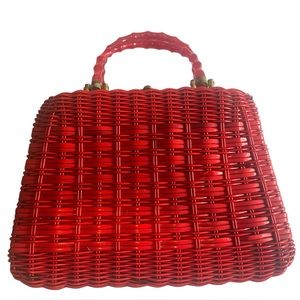 Bags | Vintage Red Purse 197s Red Woven Handbag Wicker Coated Purse ...